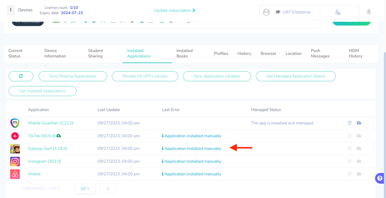 View non-configured applications – Mobile Guardian