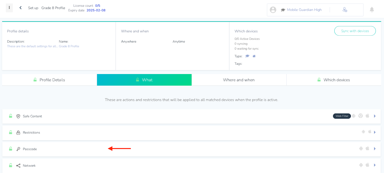 Configuring Passcode Settings for Profiles – Mobile Guardian